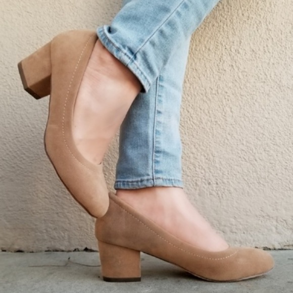 Shoes | Taupe Vegan Suede Round Toe Chunky Heel Pump | Poshmark